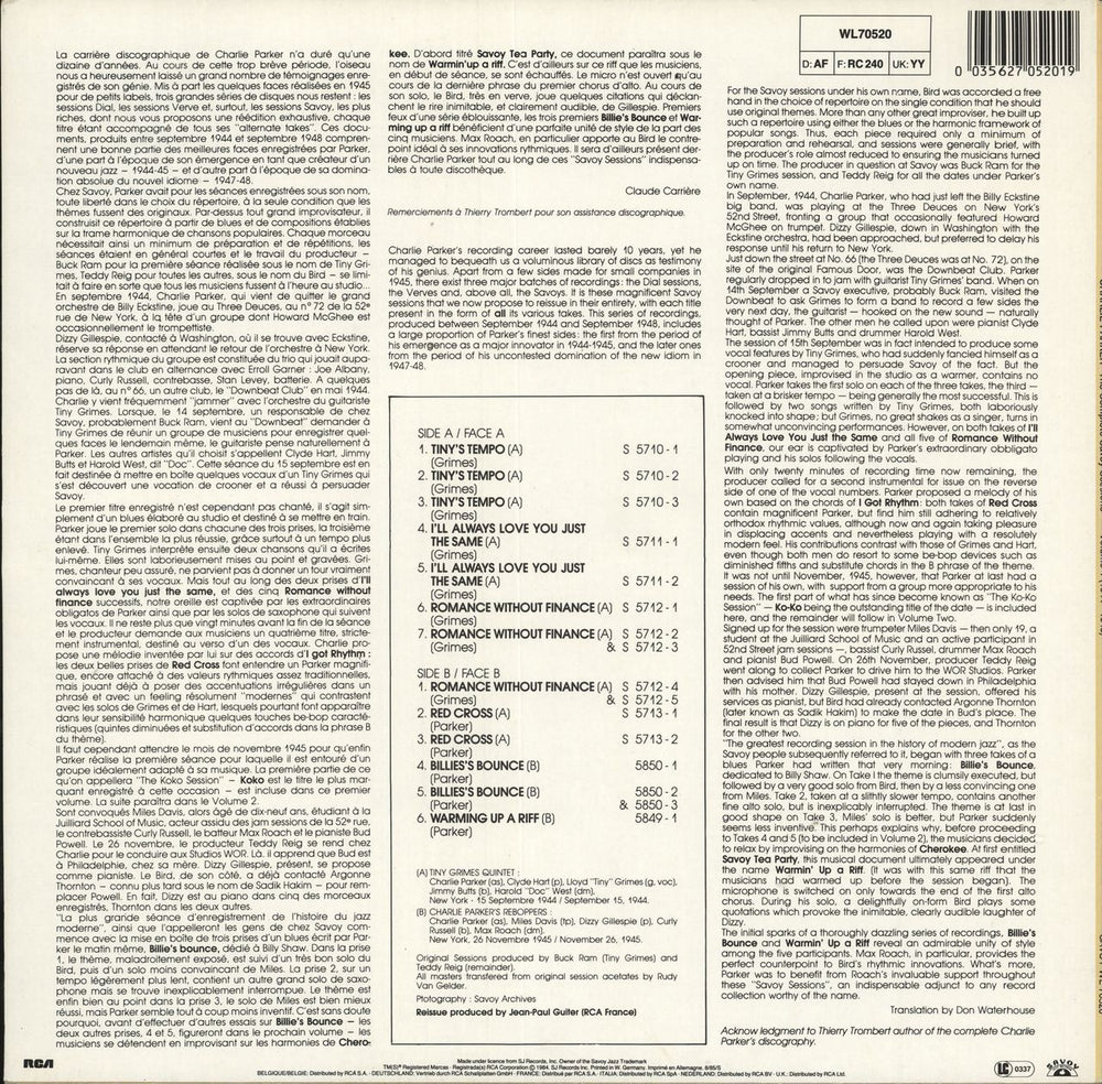 Charlie Parker The Complete Savoy Sessions Volume 1 German Vinyl LP — RareVinyl.com