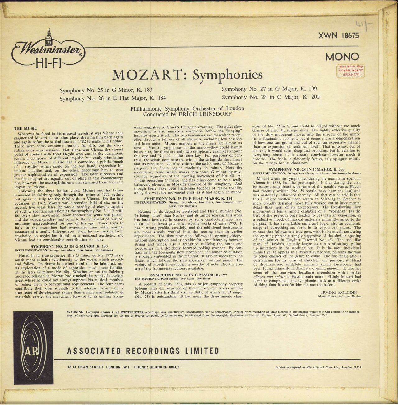 Wolfgang Amadeus Mozart Symphonies Nos. 25, 26, 27 & 28 UK Vinyl LP — RareVinyl.com